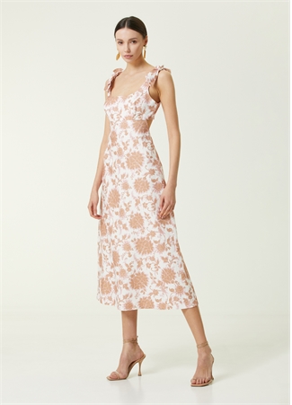 Zimmermann Kadın Bej Çiçekli Sırt Detaylı Midi Keten Elbise Beyaz 0 US