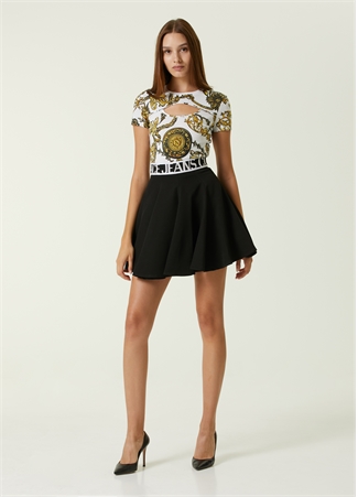 Versace Jeans Couture Kadın Siyah Logo Bantlı Volanlı Mini Etek 38 IT Versace Jeans Couture Kadın Siyah Logo Bantlı Volanlı Mini Etek 38 IT