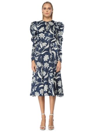 Johanna Ortiz Kadın Lacivert Çiçekli Midi İpek Kokteyl Elbise Mavi 2 US