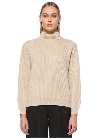 Brunello Cucinelli Kadın Bej Yarım Balıkçı Yaka Sim Dokulu Kaşmir Kazak M EU