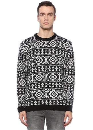 Academia Erkek Siyah Beyaz Etnik Desenli Yıpratmalı Kazak XS EU