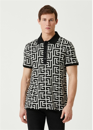 Balmain Erkek Siyah Bej Polo Yaka Logo Desenli T-shirt S EU