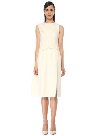 Oscar De la Renta Kadın Ekru Kuşak Detaylı Yırtmaçlı Midi Yün Elbise Bej 4 US