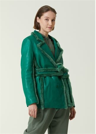 Les Benjamins Kadın Petrol Beli Kuşaklı Deri Blazer Mavi S EU