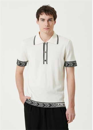 Balmain Erkek Ekru Polo Yaka Logo Şeritli Kısa Kollu Yün Triko Bej S EU Balmain Erkek Ekru Polo Yaka Logo Şeritli Kısa Kollu Yün Triko Bej S EU