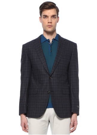 Pal Zileri Erkek Lacivert Kelebek Yaka Ekoseli Yün Ceket 50 IT