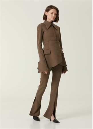 A.w.a.k.e. Mode Kadın Kahverengi Kazayağı Desenli Yırtmaçlı Pantolon 34 IT