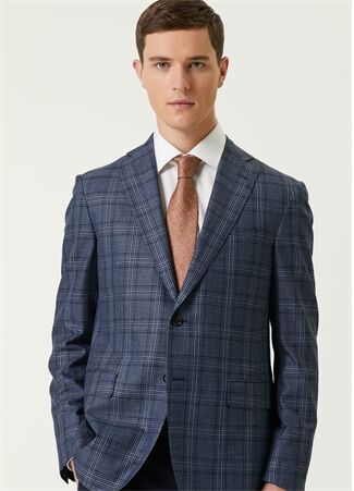 Pal Zileri Erkek Mavi Kareli İpek Ceket 52 IT