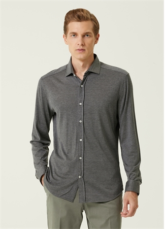 Brunello Cucinelli Erkek Gri İngiliz Yaka İpek Gömlek XL EU