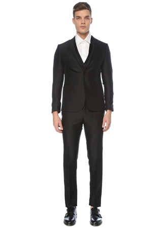 Palzileri Lab Erkek Siyah Kırlangıç Yaka Yelekli Yün Takım Elbise 48 IT
