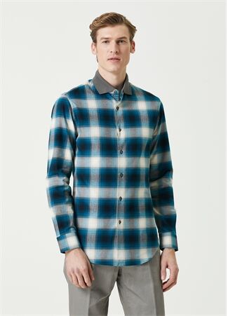 Pal Zileri Erkek Mavi Kareli Gömlek Lacivert 40 IT