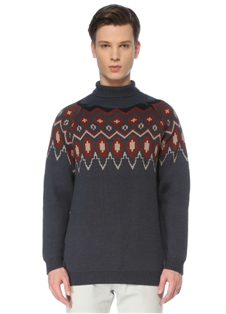 Palzileri Lab Erkek Gri Balıkçı Yaka Geometrik Desen Jakarlı Yün Kazak Lacivert 50 IT