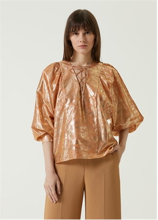Maksu Kadın Sol Gold Turuncu Yakası Bağcıklı Bluz Altın Rengi XS/S EU