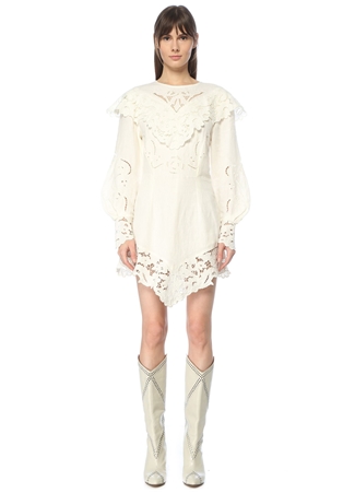 Isabel Marant Kadın Ekru Yaka Detaylı Dantelli Mini Elbise Bej 38 FR