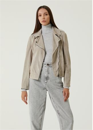 Brunello Cucinelli Kadın Bej Kelebek Yaka Kruvaze Deri Ceket 38 IT