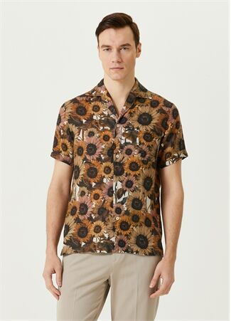 Lardini Erkek Kahverengi Ay Çiçeği Desenli Keten Gömlek M EU