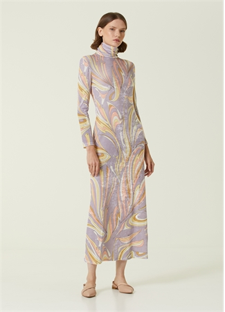 Emilio Pucci Kadın Lila Bej Balıkçı Yaka Desenli Midi Elbise Mor 44 IT Emilio Pucci Kadın Lila Bej Balıkçı Yaka Desenli Midi Elbise Mor 44 IT