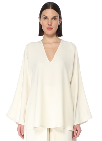 Valentino Kadın Ekru V Yaka Kolları Volanlı Bluz Beyaz 40 IT