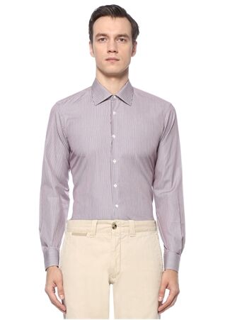 Pal Zileri Erkek Kırmızı Mor Modern Yaka Çizgi Desenli Gömlek Bordo 40 IT