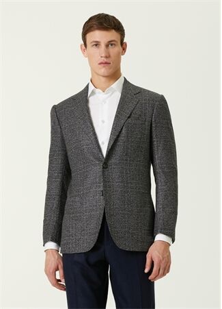 Kiton Erkek Gri Mavi Ekoseli İpek Ceket 54 IT