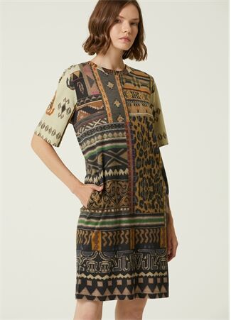 Etro Kadın Bej Patchwork Desenli Mini Yün Elbise 40 IT