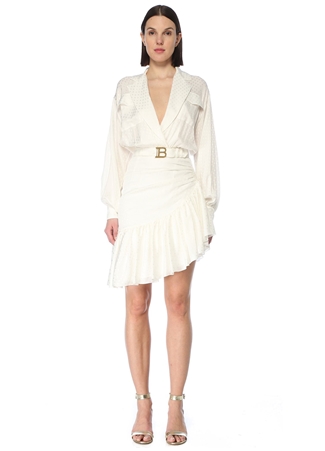 Balmain Kadın Beyaz Puantiyeli Asimetrik Mini İpek Elbise 38 FR