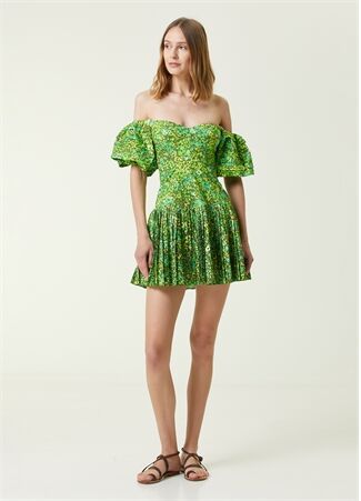 Alemais Kadın Yeşil Düşük Omuzlu Çiçekli Mini Elbise 6 US