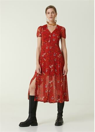 Beymen Club Kadın Kırmızı V Yaka Çiçek Desenli Yırtmaçlı Midi Elbise 36
