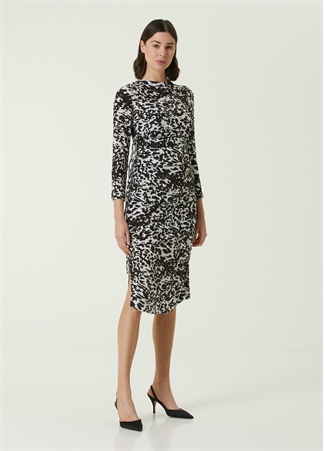 Nisse Kadın Siyah Beyaz Desenli Midi İpek Elbise 34 EU
