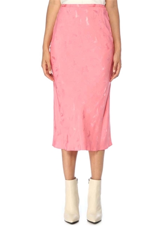 Maje Kadın Pembe Kuş Jakarlı Midi Saten Etek 36 FR