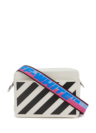 Off-White Kadın Beyaz Siyah Verev Çizgili Deri Omuz Çantası EU Off-White Kadın Beyaz Siyah Verev Çizgili Deri Omuz Çantası EU