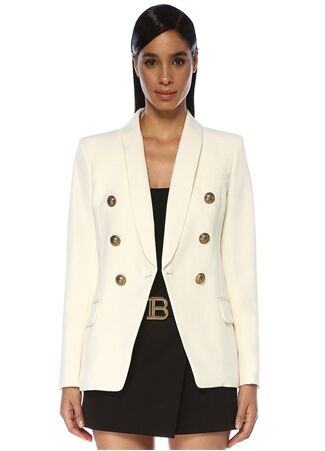 Balmain Kadın Beyaz Şal Yaka Kruvaze Yün Ceket 42 FR