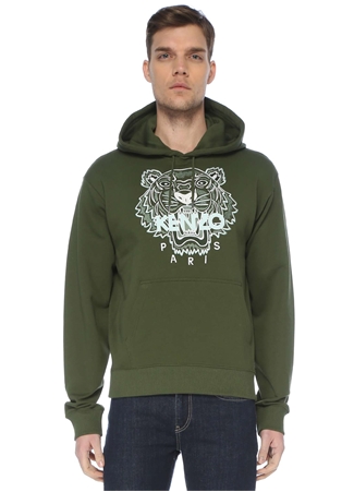 Kenzo Erkek Haki Kapüşonlu Kaplan Nakışlı Logolu Sweatshirt S EU