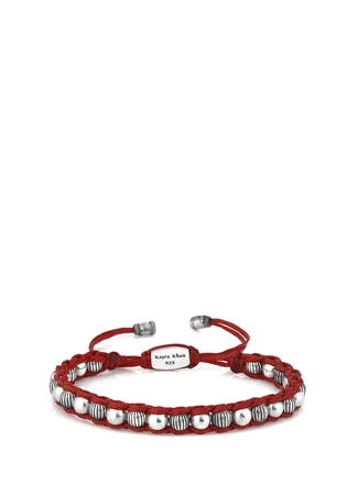Kayra Khan Erkek Balls Macrame Gümüş Rengi Bileklik Kırmızı EU
