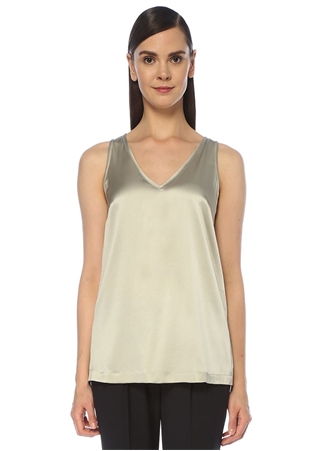 Brunello Cucinelli Kadın Yeşil V Yaka Zincir Şeritli İpek Saten Bluz M EU