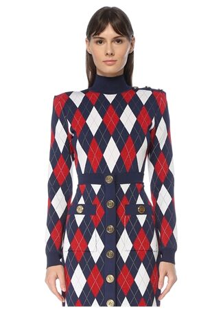 Balmain Kadın Lacivert Kırmızı Balıkçı Yaka Desenli Kazak 38 FR