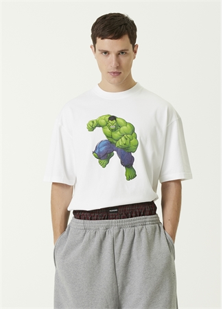 Balenciaga Erkek Hulk Marvel 202 Beyaz Baskılı T-shirt L EU