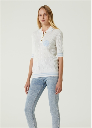 Balmain Kadın Beyaz Mavi Polo Yaka Saç Örgü Dokulu Triko 36 FR Balmain Kadın Beyaz Mavi Polo Yaka Saç Örgü Dokulu Triko 36 FR