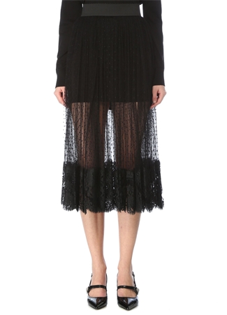 Dolce&Gabbana Kadın Siyah Pilili Dantel Garnili Midi Tül Etek 42 IT
