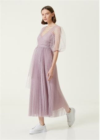 Red Valentino Kadın Lila V Yaka Midi Puantiyeli Tül Elbise Mor 42 IT