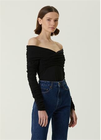 Khaite Kadın Siyah Drapeli Kayık Yaka Çıtçıtlı Bluz XS EU