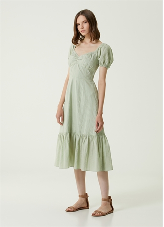 Lost+Wander Kadın Yeşil Kalp Yaka Çizgili Midi Elbise XS EU