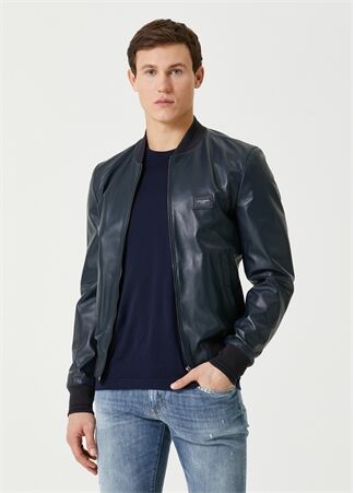 Dolce&Gabbana Erkek Lacivert Dik Yaka Deri Mont 46 IT