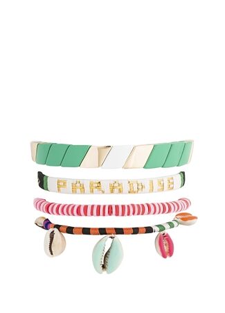 Hipanema Kadın Colorblocked Yazı Detaylı Çoklu Bilezik Yeşil EU