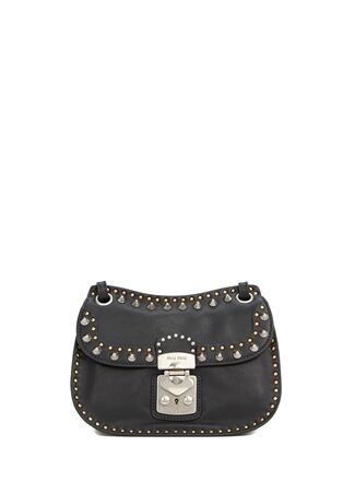 Miu Kadın Siyah Trok Detaylı Deri Omuz Çantası EU