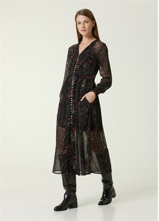 Beymen Club Kadın Siyah V Yaka Zincir Desenli Midi Şifon Elbise 34