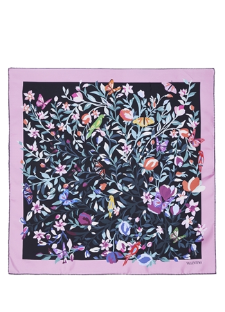 Valentino Garavani Kadın Siyah Pembe Çiçek Desenli İpek Eşarp EU
