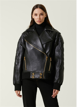 Balmain Kadın Siyah Logo Detaylı Deri Ceket 40 FR Balmain Kadın Siyah Logo Detaylı Deri Ceket 40 FR
