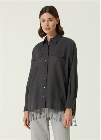 Brunello Cucinelli Kadın Koyu Gri Püskül Detaylı Yün Gömlek S EU