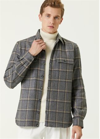 Isaia Erkek Gri Kareli Kaşmir Dış Gömlek L EU